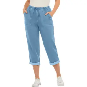 Roaman's Knit Denim Pull-on Capri Jeans With Cuffed Hem - Light Stonewash