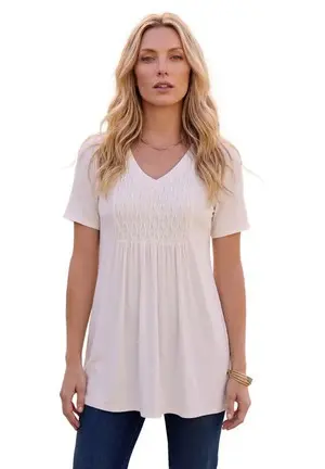 Roaman's V-neck Smocked Yoke A-line Tunic - Ivory
