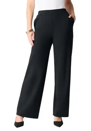 Roaman's Ponte Wide Leg Pant With Pockets And Pull On Elastic Waist - Black