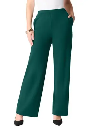Roaman's Ponte Wide Leg Pull-on Pants With Pockets - Emerald Green