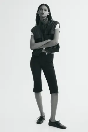 H&M Oversized Coated Vest With Stand Collar And Patch Pockets