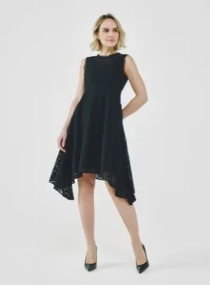 A.SHIMUS Sleeveless Organic Cotton Lace High Neck Asymmetric Hem Dress - Black