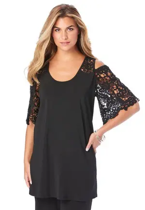 Roaman's Cold Shoulder Ultrasmooth Fabric Tunic With Lace Trim