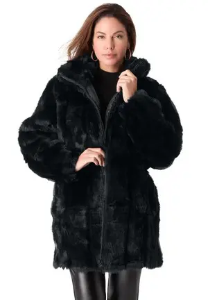 Roaman's Mid Length Hooded Faux Fur Coat - Black
