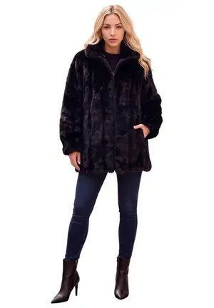 Roaman's Mid Length Hooded Faux Fur Coat - Black