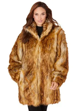 Roaman's Mid Length Hooded Faux Fur Coat - Fox