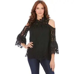 Roaman's Lace Cold Shoulder Top - Black