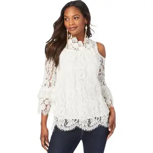 Roaman's Lace Cold Shoulder Top - Ivory
