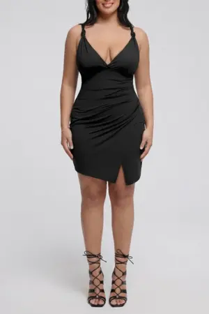 POPILUSH Sculpting Mini Dress With Deep V-neck And Side Slit - Classic Black