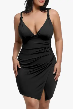 POPILUSH Sculpting Mini Dress With Deep V-neck And Side Slit - Classic Black