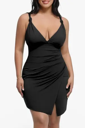 POPILUSH Sculpting Mini Dress With Deep V-neck And Side Slit - Classic Black
