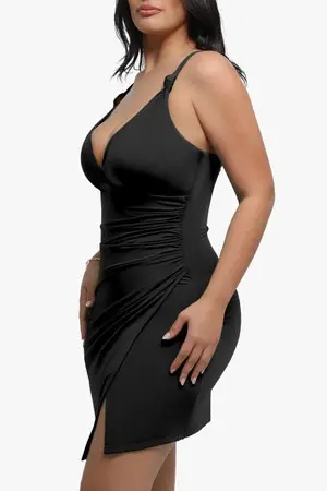 POPILUSH Sculpting Mini Dress With Deep V-neck And Side Slit - Classic Black
