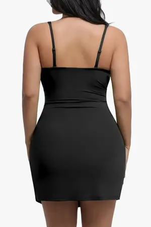 POPILUSH Sculpting Mini Dress With Deep V-neck And Side Slit - Classic Black
