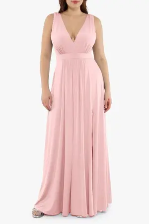 POPILUSH Deep V-neck Maxi Dress With Front Slit And Shaping Lining - Blush