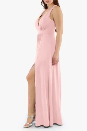 POPILUSH Deep V-neck Maxi Dress With Front Slit And Shaping Lining - Blush