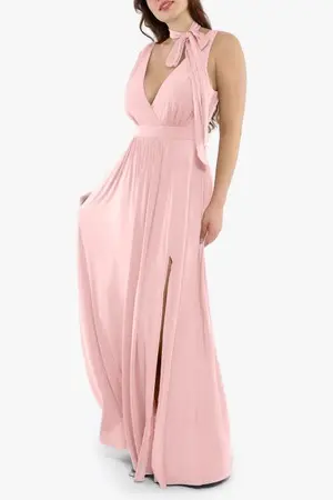 POPILUSH Deep V-neck Maxi Dress With Front Slit And Shaping Lining - Blush