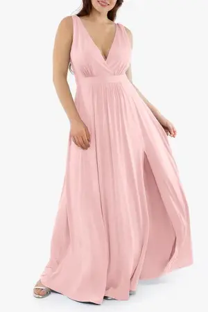 POPILUSH Deep V-neck Maxi Dress With Front Slit And Shaping Lining - Blush