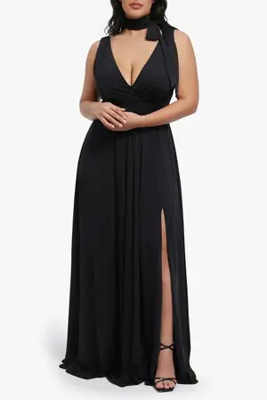 POPILUSH Popilush Deep V-Neck Maxi Dress With Front Slit And Shaping Lining Jet