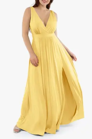 POPILUSH Popilush Deep V-Neck Maxi Dress With Front Slit And Shaping Lining Lemon