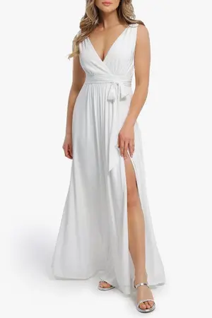 POPILUSH Deep V-neck Maxi Dress With Front Slit And Shaping Lining - Snow