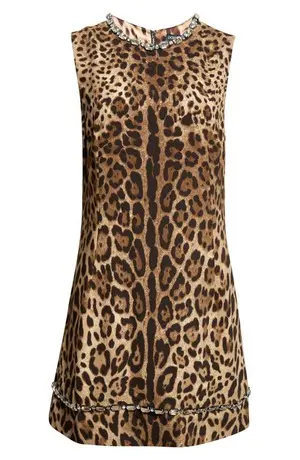 Dolce & Gabbana Leopard Print Stretch Cady Embellished Mini Dress