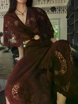 Johanna Ortiz Burgundy Eyelet Maxi Dress With Ring Detail