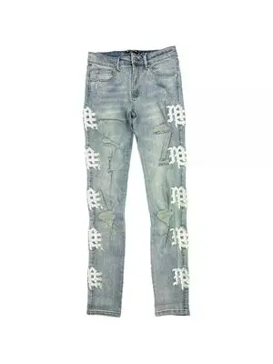 Mixed Emotion Monogram Distressed Jeans - Blue