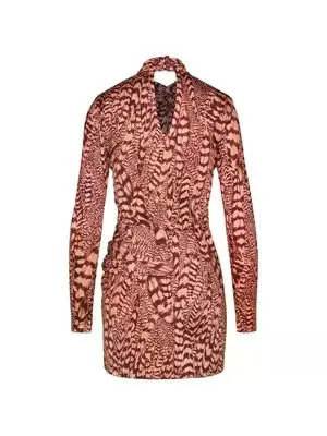 Johanna Ortiz Burgundy Feather Print Twisted Neck Long Sleeve Mini Dress