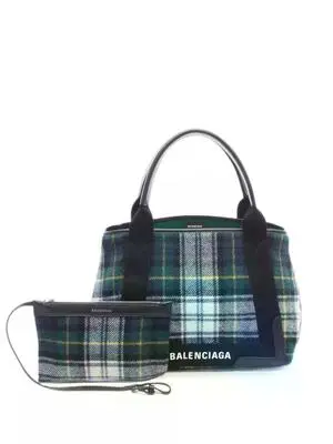 Balenciaga Navy Cabas Tote Bag With Check Pattern
