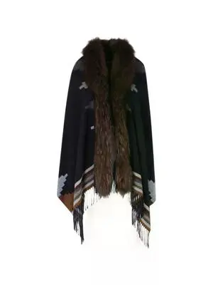 BAZAR DELUXE Geometric Pattern Poncho With Fur Trim