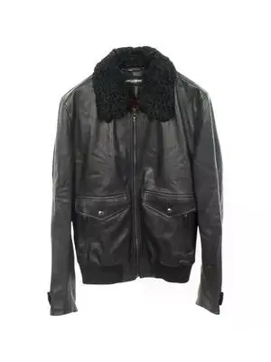 Dolce & Gabbana Leather Shearling Collar Zip-up Jacket