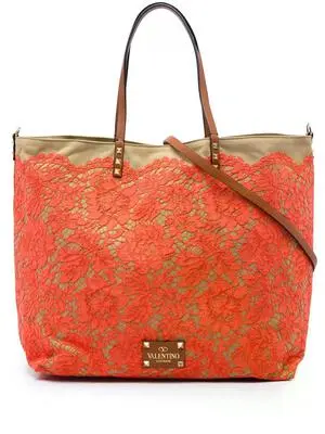 Valentino Garavani Canvas Rockstud Glam Lace Reversible Tote Satchel - Orange