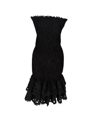 Charo Ruiz Ibiza Eyelet Shirred Bodice Strapless Tiered Ruffled Hem Dress