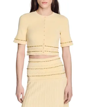 Sandro Oria Cropped Knit Top With Metallic Trim - Vanilla