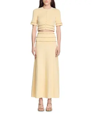 Sandro Oria Cropped Knit Top With Metallic Trim - Vanilla
