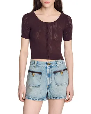 Sandro Anae Cropped Pointelle Knit Top