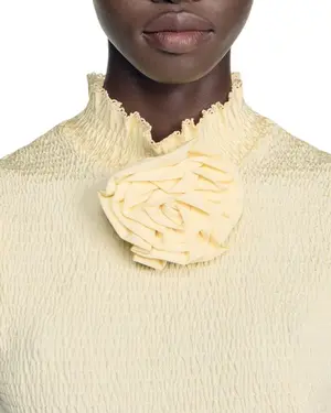 Sandro Smocked Mock Neck Top With Floral Detail