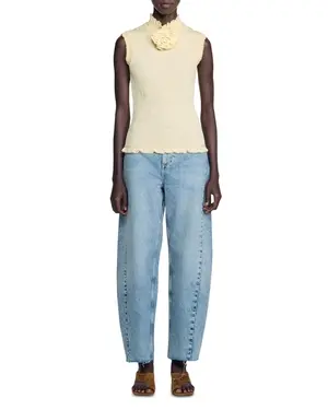 Sandro Smocked Mock Neck Top With Floral Detail