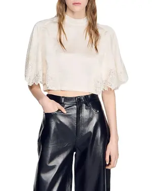 Sandro Voltige Satin Lace Trim Top