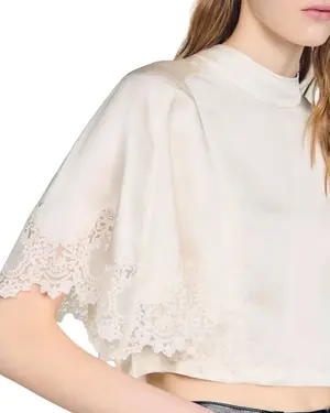 Sandro Voltige Satin Lace Trim Top