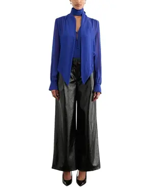 TOCCIN Kaila Sheer Print Tie Neck Blouse - Lapis