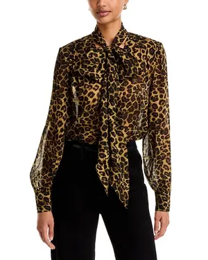 TOCCIN Kaila Sheer Print Tie Neck Blouse - Leopard