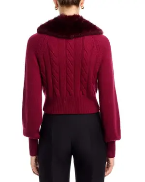 TOCCIN Rita Faux Fur Collar Cable Knit Cardigan - Wine