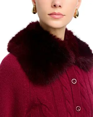 TOCCIN Rita Faux Fur Collar Cable Knit Cardigan - Wine