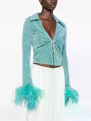 Oseree Feather-trim Metallic-thread Top