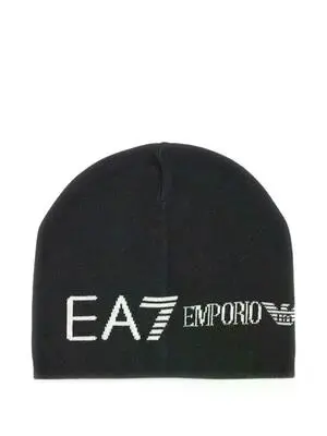 EA7 Logo Jacquard Ribbed Beanie Hat - Black