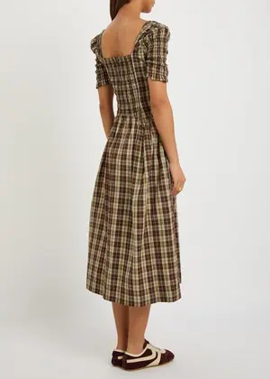 DAMSON MADDER Emmy Checked Shirred Cotton Midi Dress - Dark Brown