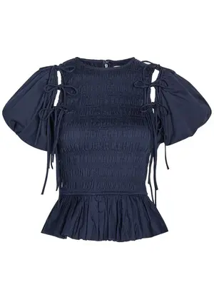 DAMSON MADDER Damson Madder Becca Shirred Cotton Puff Sleeve Peplum Blouse