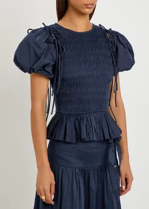 DAMSON MADDER Becca Shirred Cotton Puff Sleeve Peplum Blouse - Navy