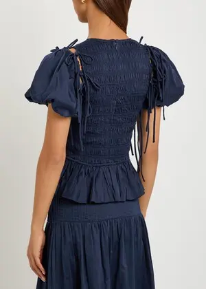 DAMSON MADDER Becca Shirred Cotton Puff Sleeve Peplum Blouse - Navy